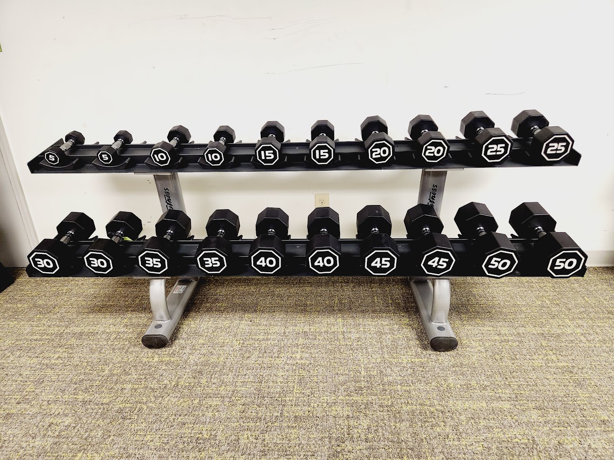 Rubber Plastic Elastomer Coated 5-50LB Dumbbell Set w/Life Fitness 2 ...